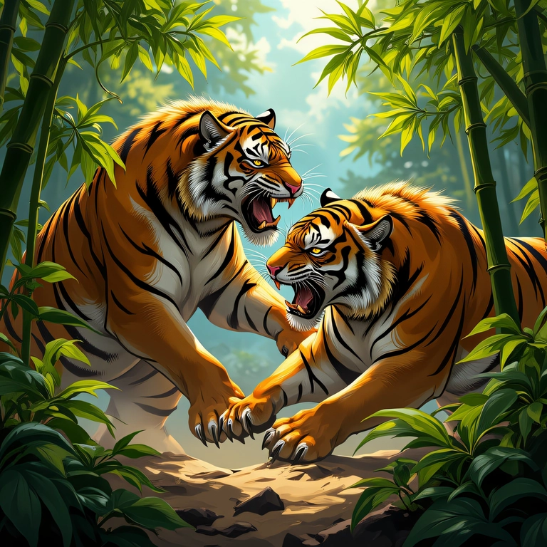 two tigers fighting bamboo forest painting